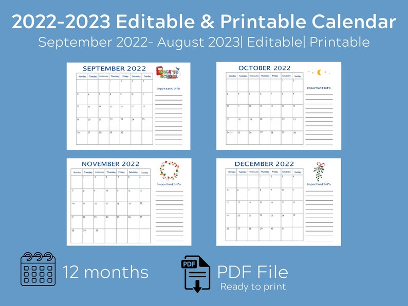 2022-2023 Editable Printable Calendars 12 Month Calendars - Etsy