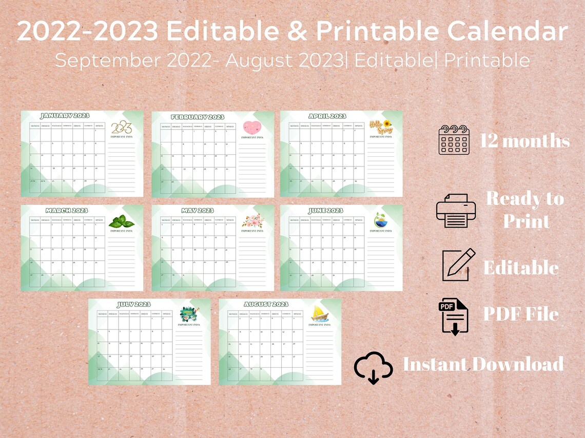 Colored 2022-2023 Printable Calendars 12 Month Calendars - Etsy
