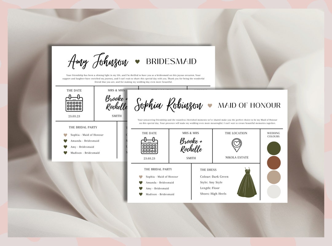 Bridesmaid Info Card - Editable With Canva | Bridal Party Info Card ...