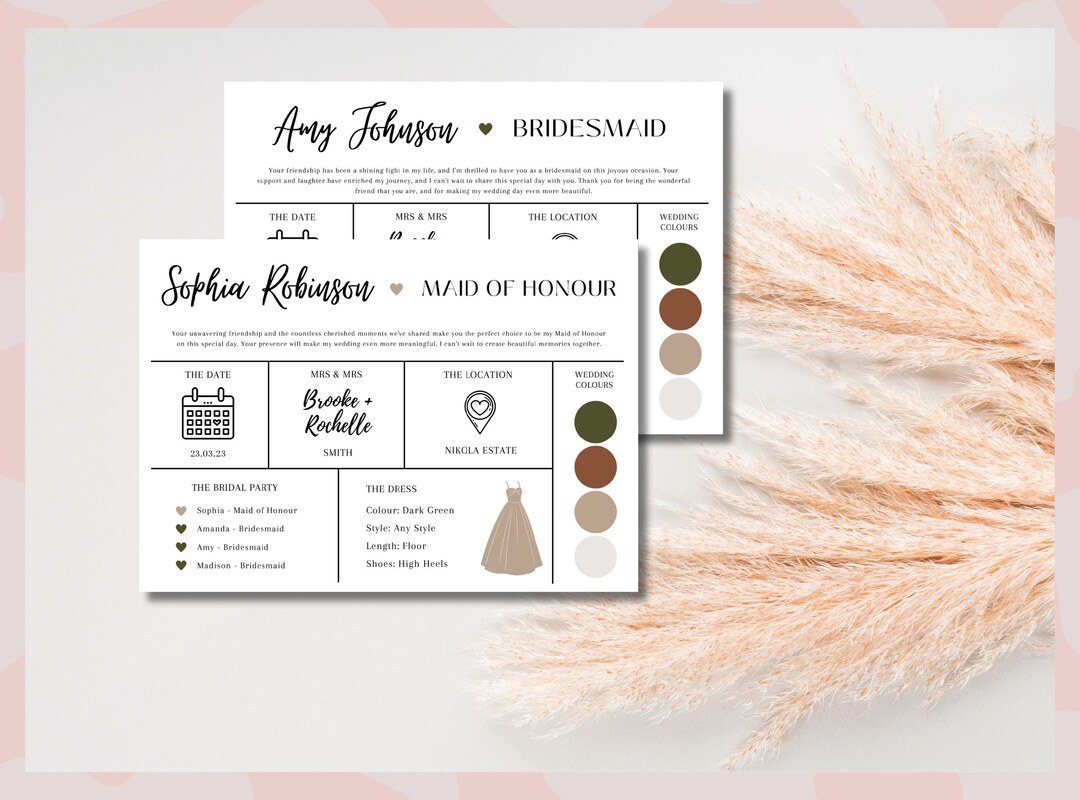 Bridesmaid Info Card Template – Editable Bridal Party Details (canva ...