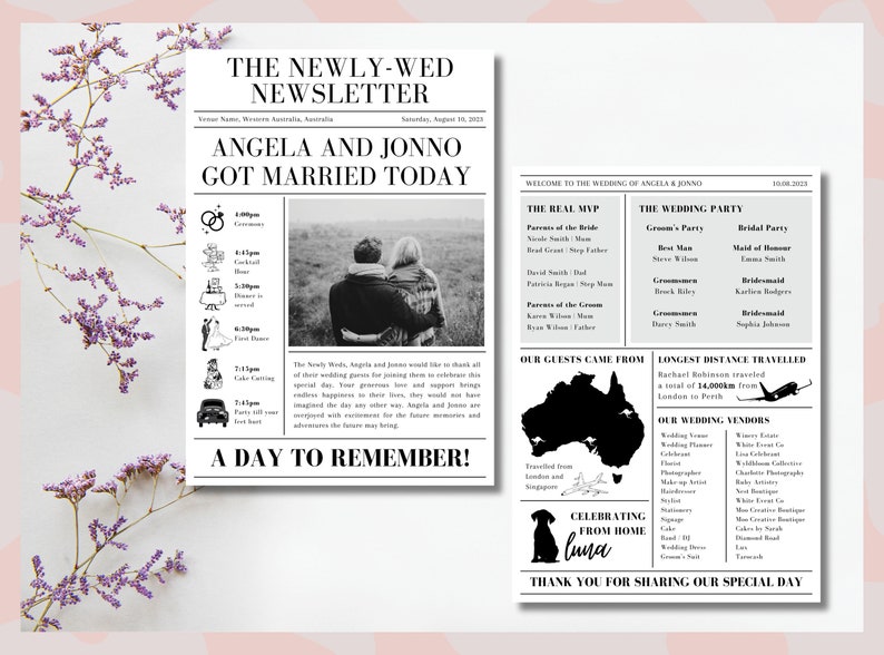 Wedding Program Editable Canva Template | Digital Newspaper Wedding ...