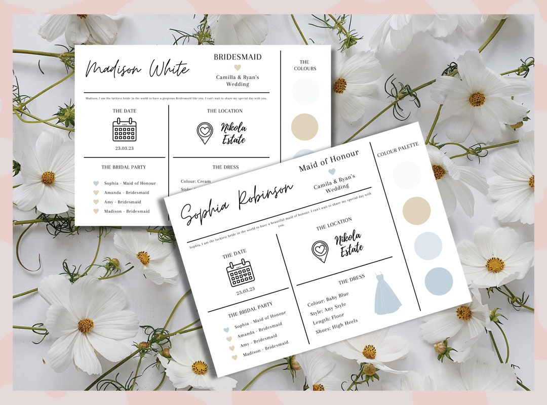 Bridesmaid Info Card Template - Editable With Canva | Bridal Party Info ...