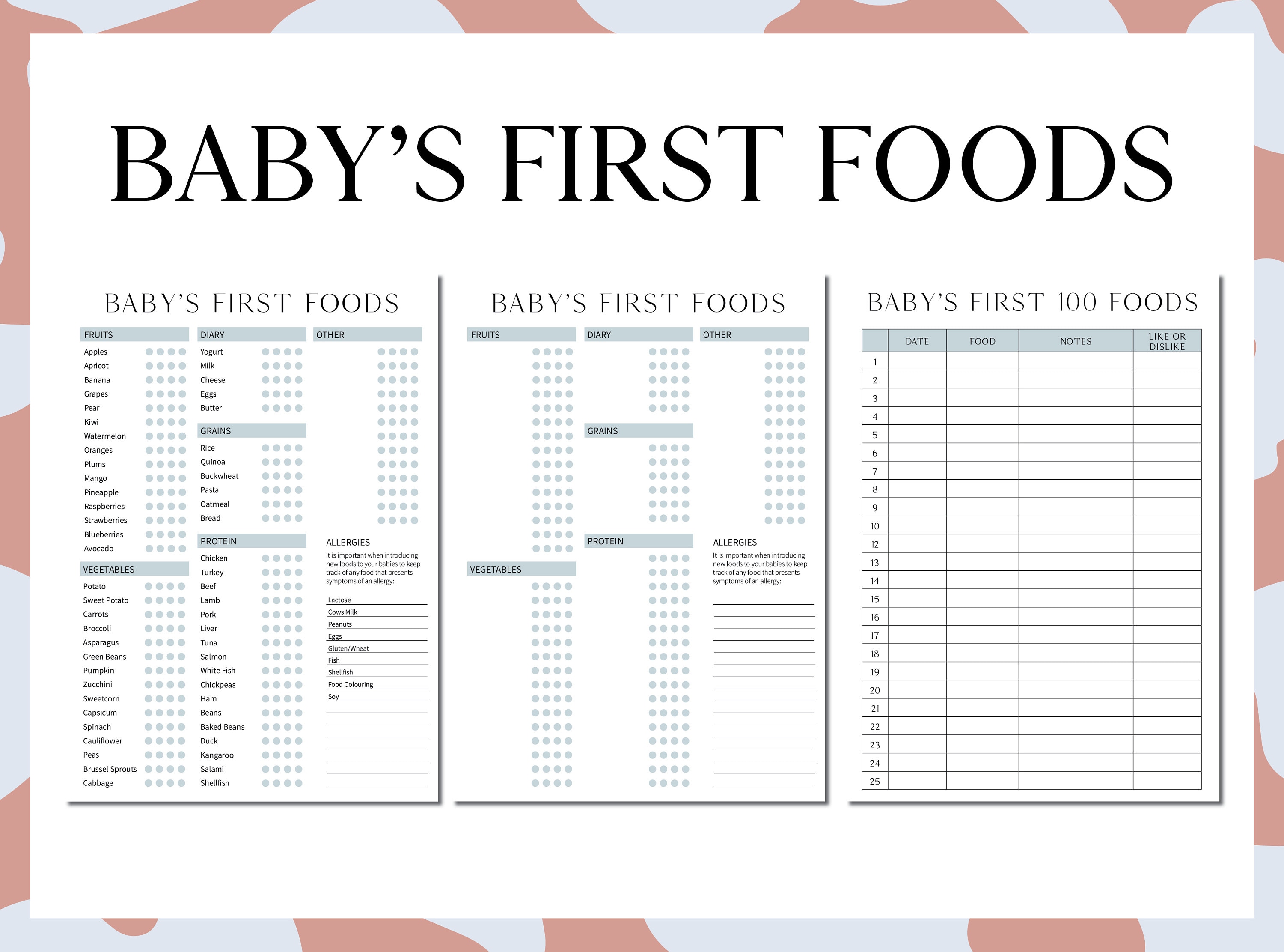 Blue Baby's First Food Checklist, Baby Food Tracking Printable, Solid ...
