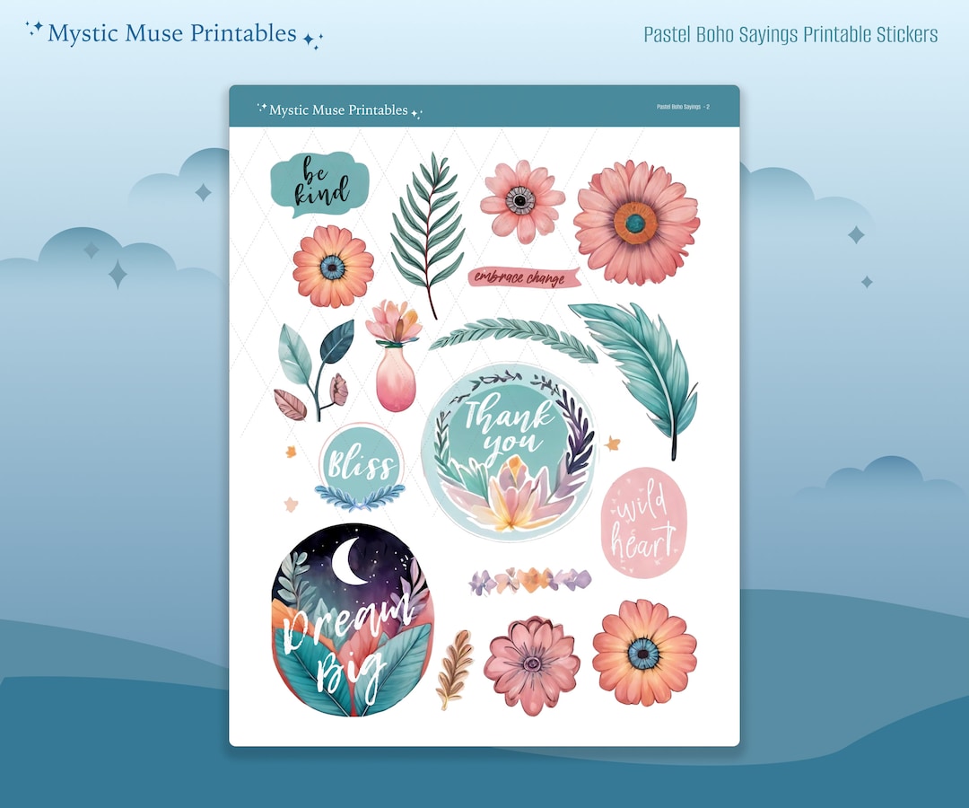 Pastel Boho Floral Printable Stickers Png, Pdf Stickersheet ...