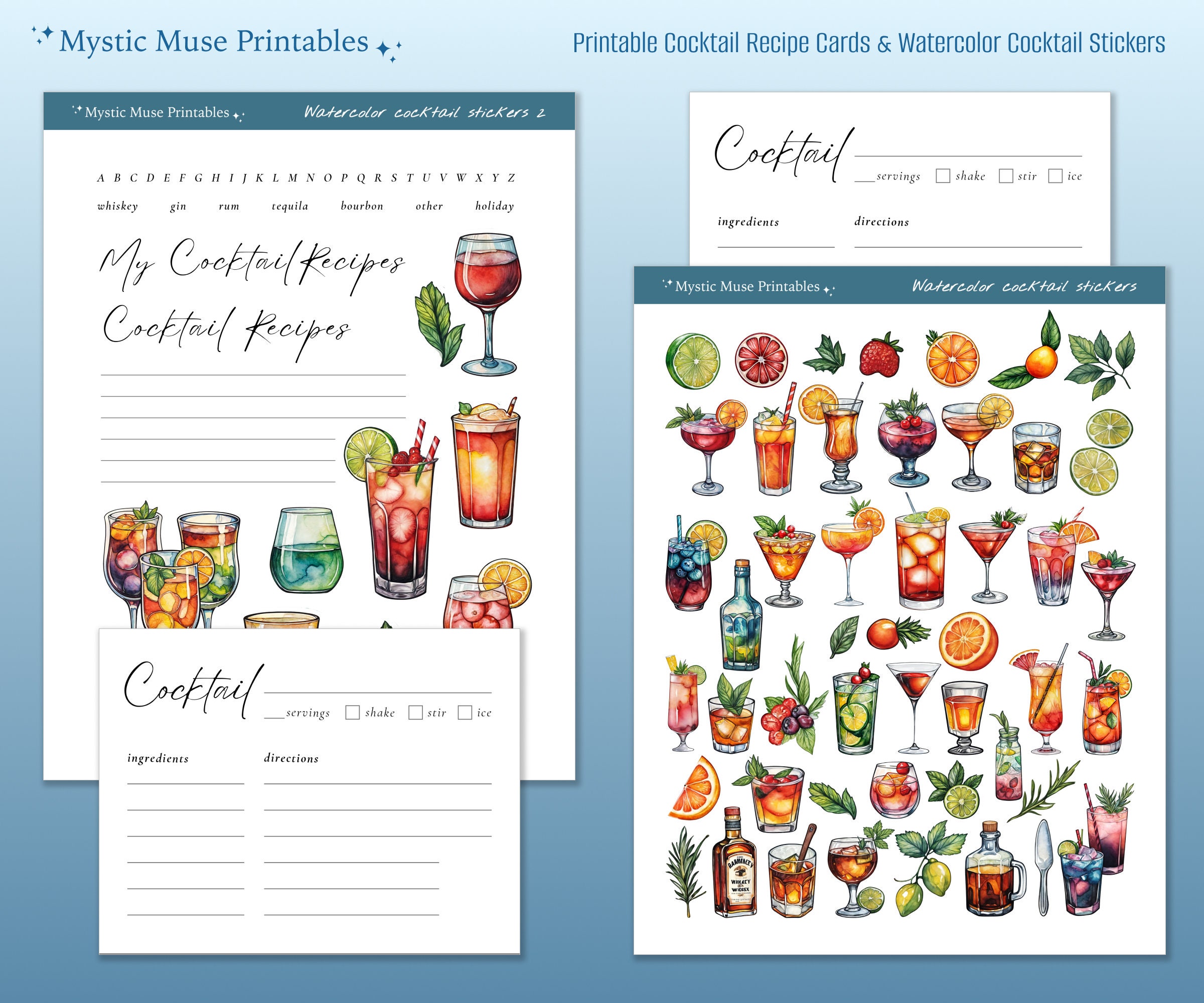 Printable Cocktail Recipe Cards With Watercolor Sticker Sheet Set ...