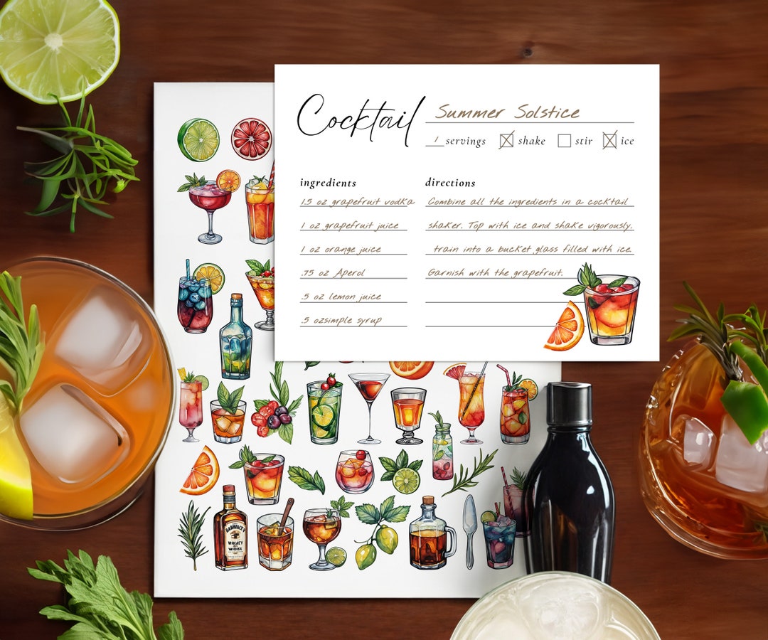 Printable Cocktail Recipe Cards With Watercolor Sticker Sheet Set ...