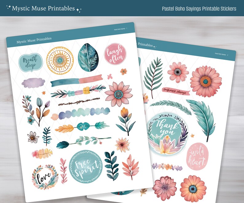 Pastel Boho Floral Printable Stickers Png, Pdf Stickersheet ...