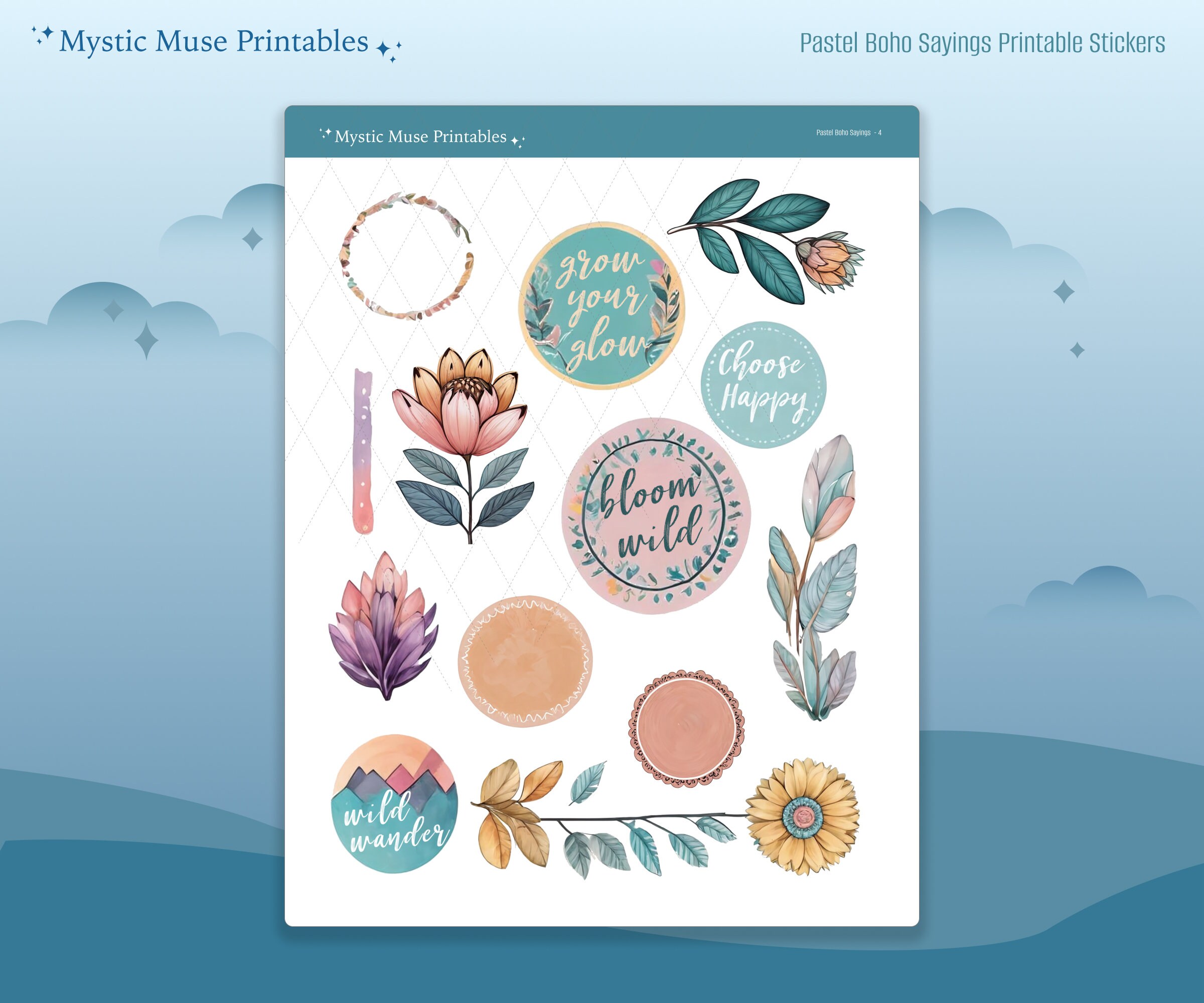 Pastel Boho Floral Printable Stickers Png, Pdf Stickersheet ...