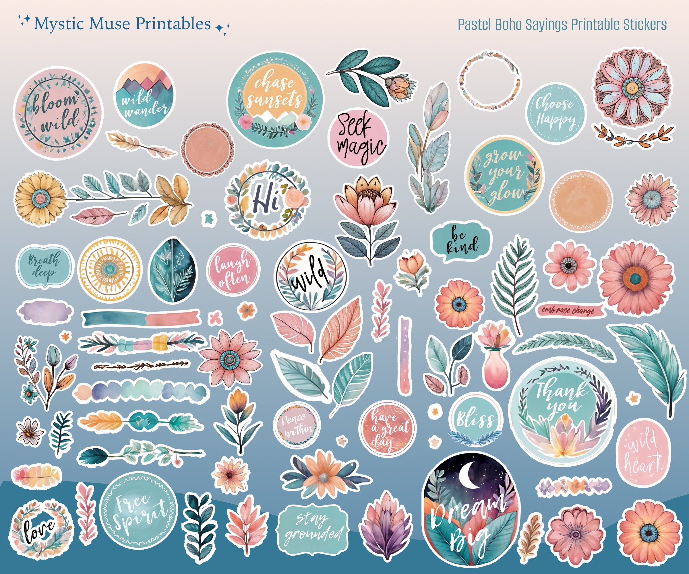 Pastel Boho Floral Printable Stickers Png, Pdf Stickersheet ...