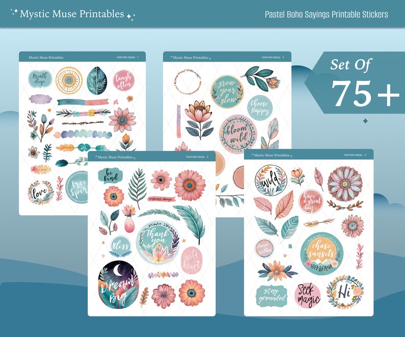 Pastel Boho Floral Printable Stickers Png, Pdf Stickersheet ...