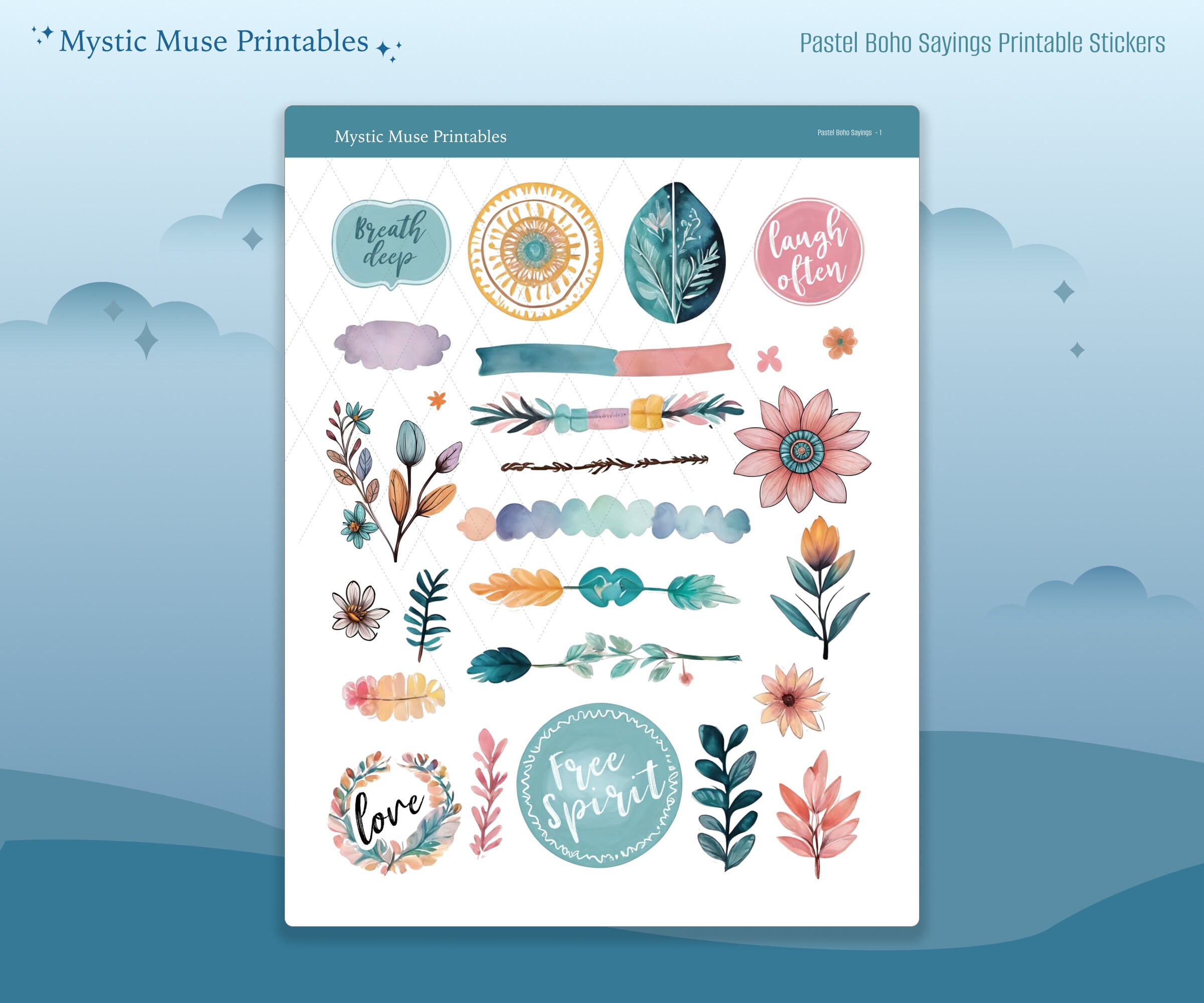 Pastel Boho Floral Printable Stickers Png, Pdf Stickersheet ...