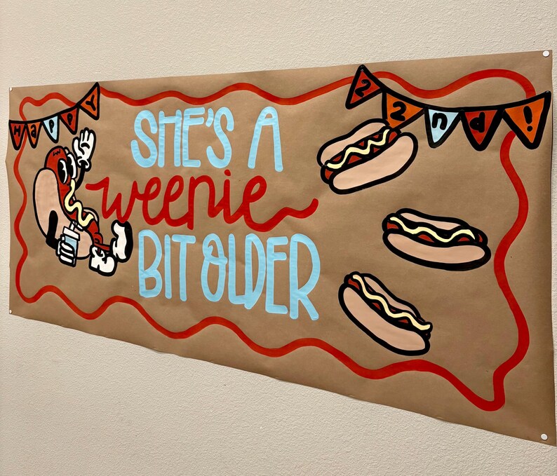Custom Hand-painted Hotdog Birthday Banner: Brown Paper Weenie Bit ...
