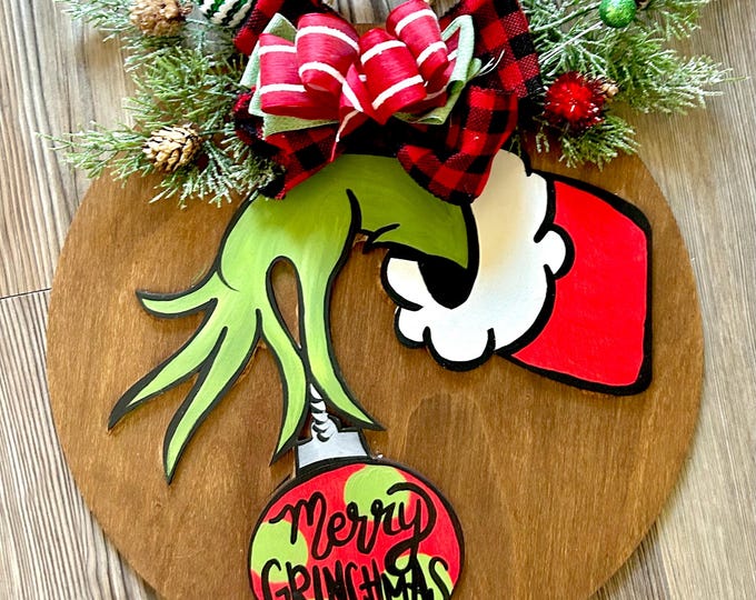 Grinch Front Door Decor - Christmas Wreath - Front Door Hanger - Wood ...