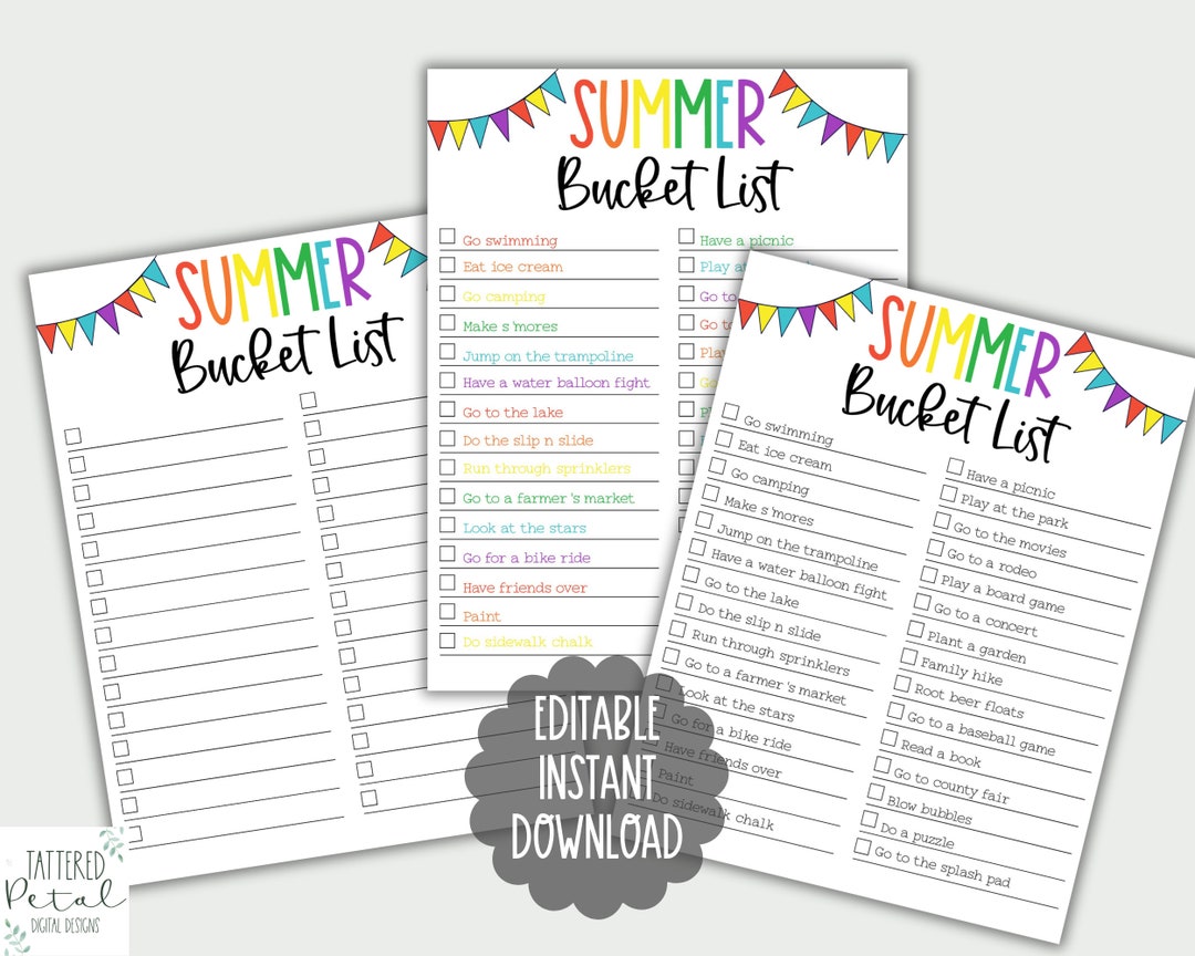 Editable Summer Bucket List, INSTANT DOWNLOAD, Summer of Fun, Bucket ...