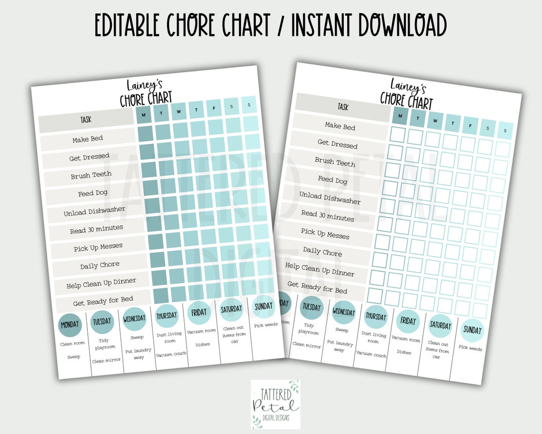 Editable Chore Chart, Summer Responsibility Chart, Kids Teens Weekly ...