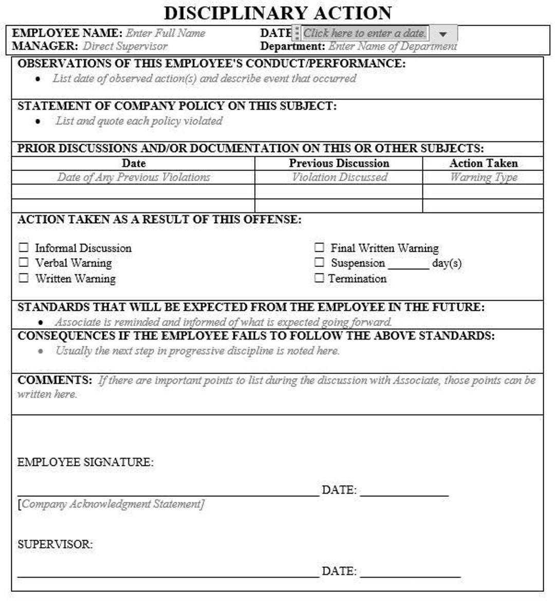 Editable Disciplinary Action Form Template (fillable) - Etsy