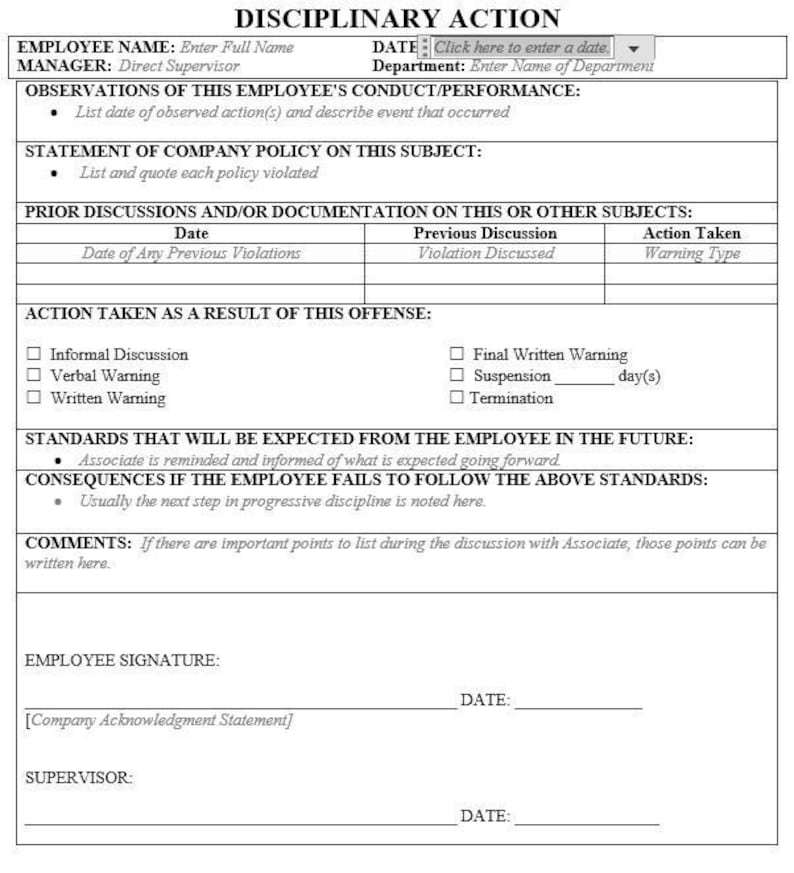 Editable Disciplinary Action Form Template (fillable) - Etsy