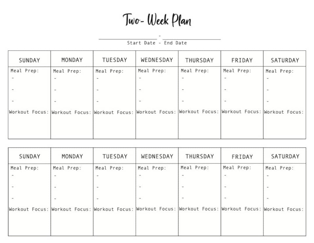 Two Week Meal Prep and Workout Plan, Calendar, Organizer, Digital ...