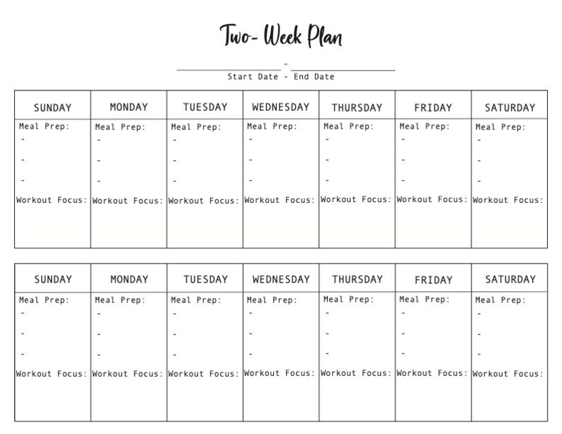 Two Week Meal Prep and Workout Plan, Calendar, Organizer, Digital ...