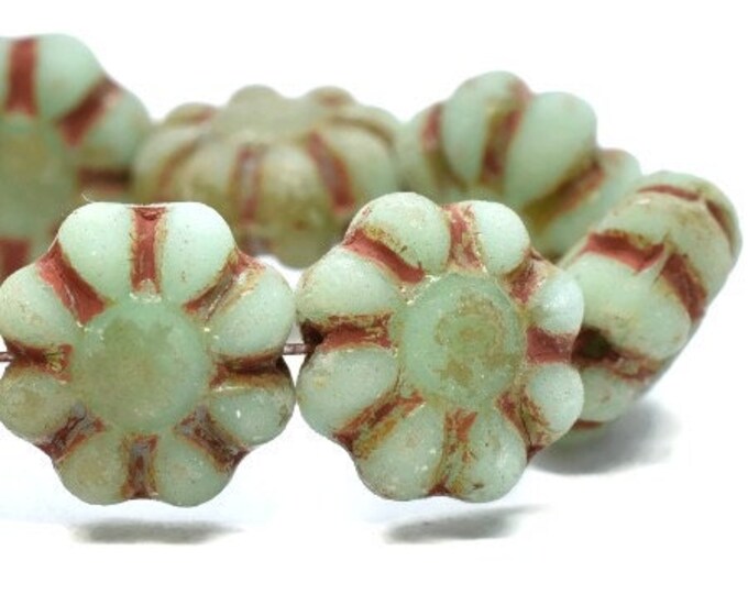 9mm, Cactus Flower, Sage With Picasso Finish, Czech Glass Beads, 25 ...