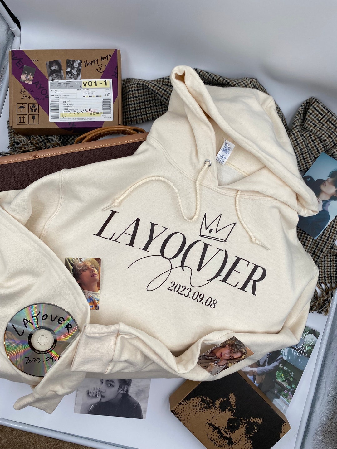 BTS V Taehyung Beige Layover K-pop Hoodie - Etsy