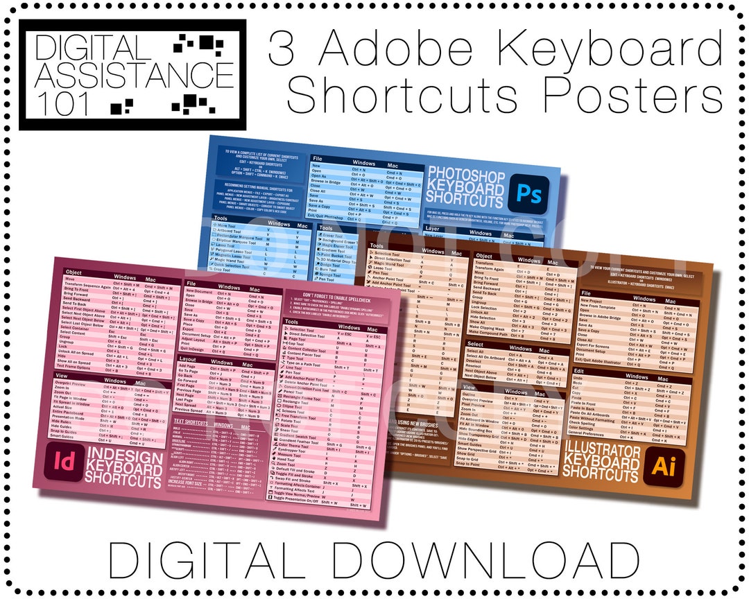 Keyboard Shortcuts Posters 3 Pack Indesign, Photoshop, & Illustrator ...