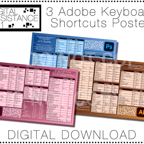 Keyboard Shortcuts Posters 3 Pack Indesign Photoshop & - Etsy