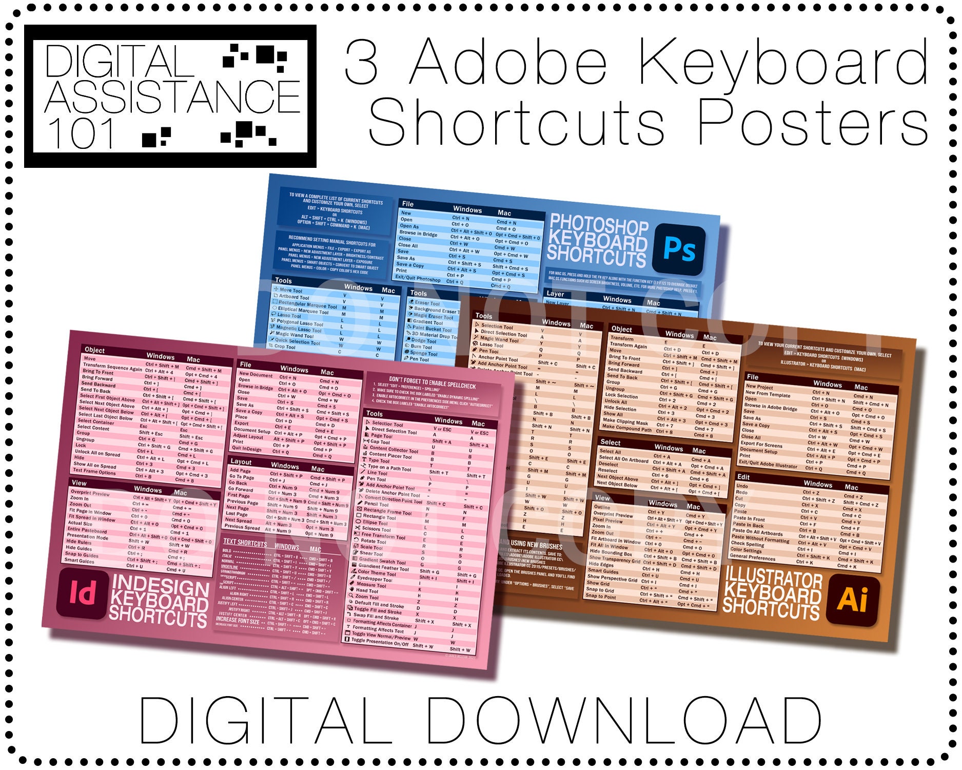 Keyboard Shortcuts Posters 3 Pack Indesign, Photoshop, & Illustrator ...