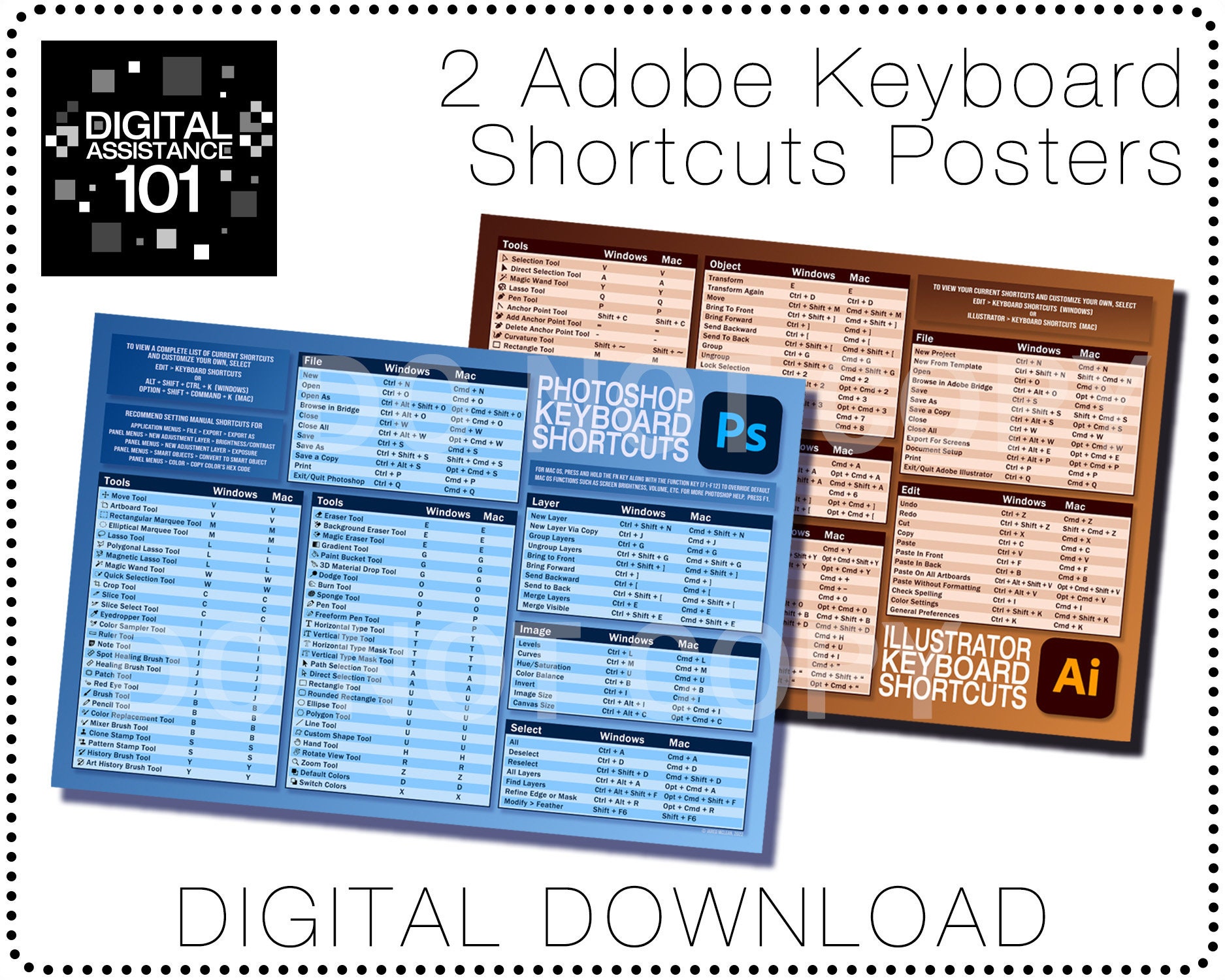 Keyboard Shortcuts Poster 2-pack - Photoshop & Illustrator - Digital ...