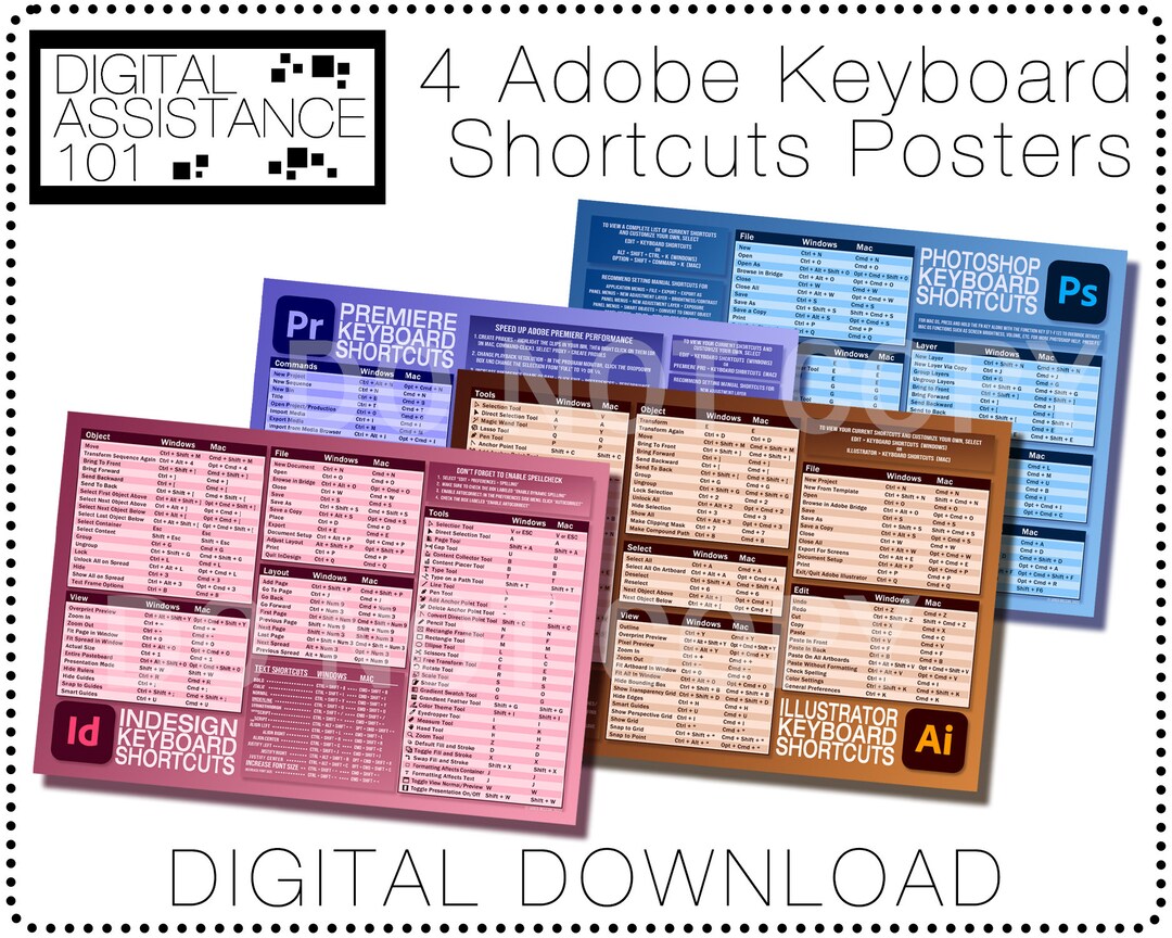 Digital Download 4-pack Keyboard Shortcuts Posters Premiere, Photoshop ...