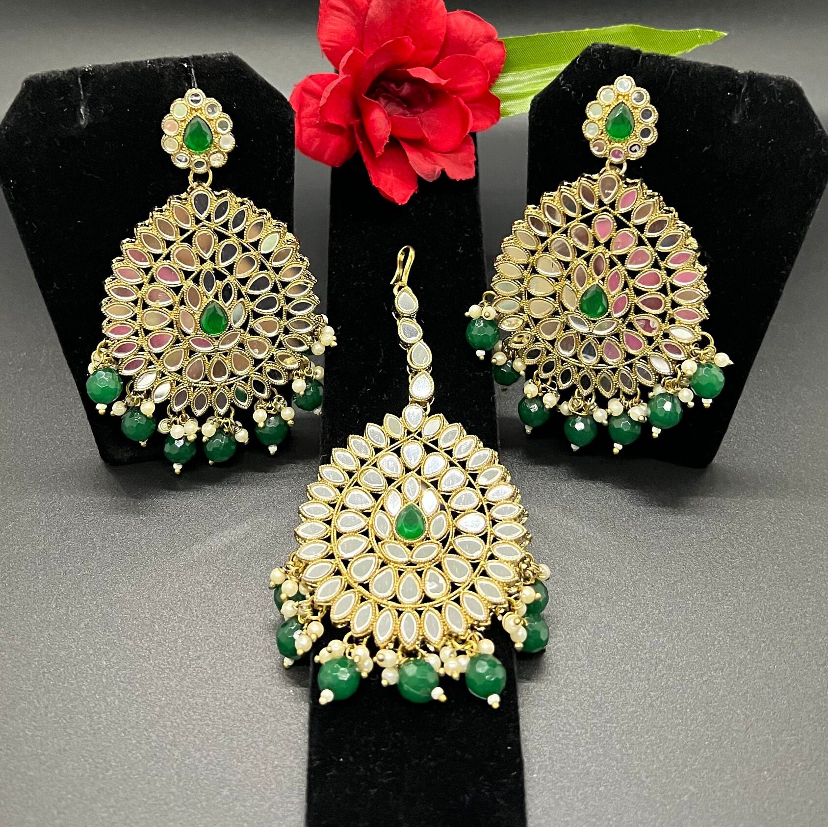 Desi/indian, Pakistani Jewelry,mirror Earrings With Tikka - Etsy