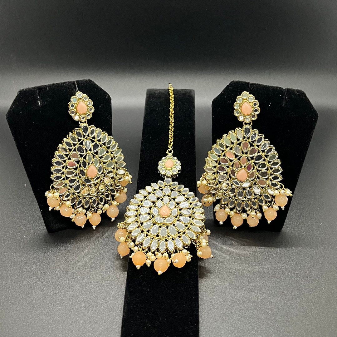 Desi/indian, Pakistani Jewelry,mirror Earrings With Tikka - Etsy