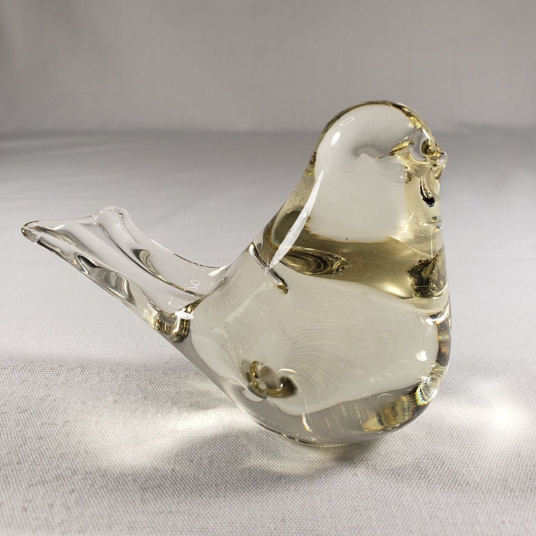 Vintage Art Glass Bird Paperweight Clear With Yellow Tint 3" Tall 4.5 ...
