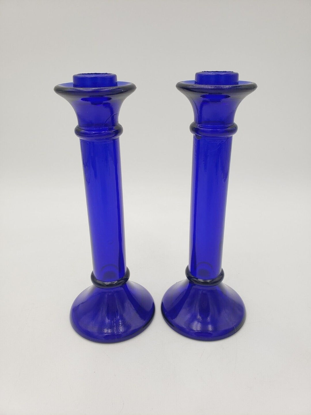 Vintage Cobalt Blue Glass Candlesticks 8 Inch Pressed Glass Unknown ...