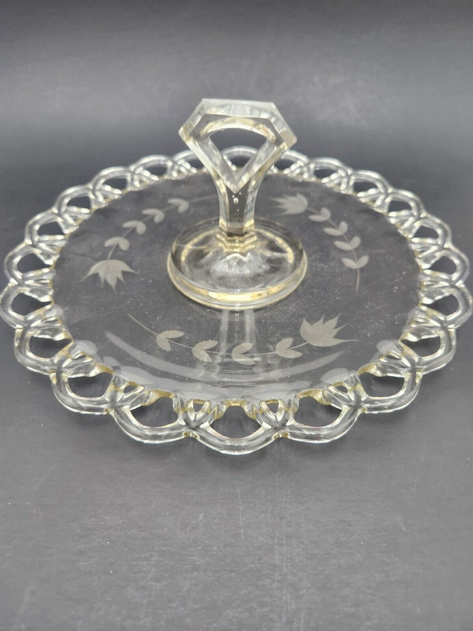 Vintage Etched Glass Tidbit Tray, Open Lace Edge, Center Handle - Etsy