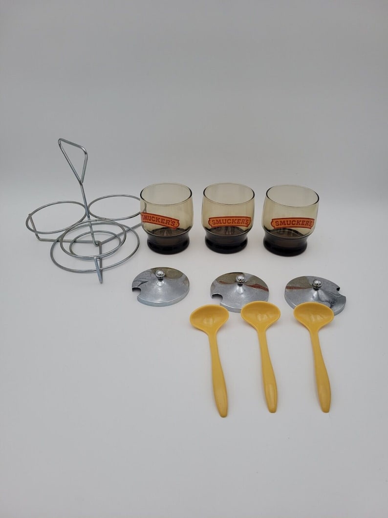 Vintage Smucker's Jelly Jars & Chrome Caddy With Tupperware Spoons Set ...
