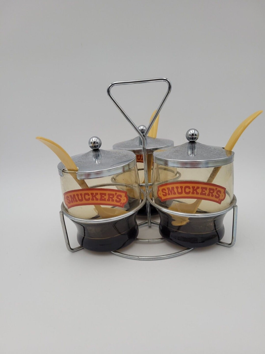 Vintage Smucker's Jelly Jars & Chrome Caddy With Tupperware Spoons Set ...