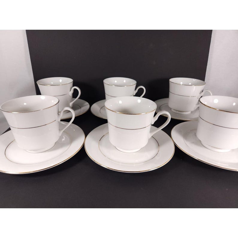 Sango Fine China D'OR Coffee Tea Cup Saucer Set White Gold Trim 6 Sets ...