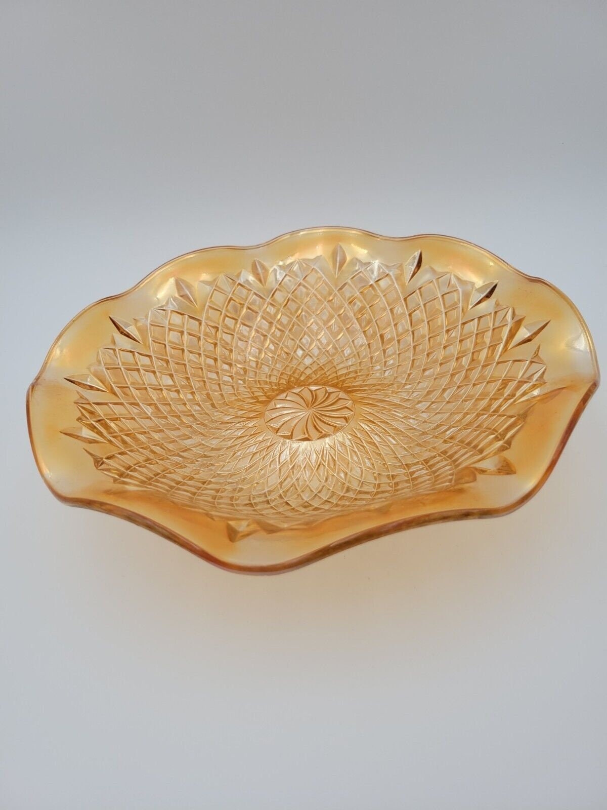 Vintage Marigold Carnival Glass Bowl Diamond Pinwheel Pattern Ruffled ...