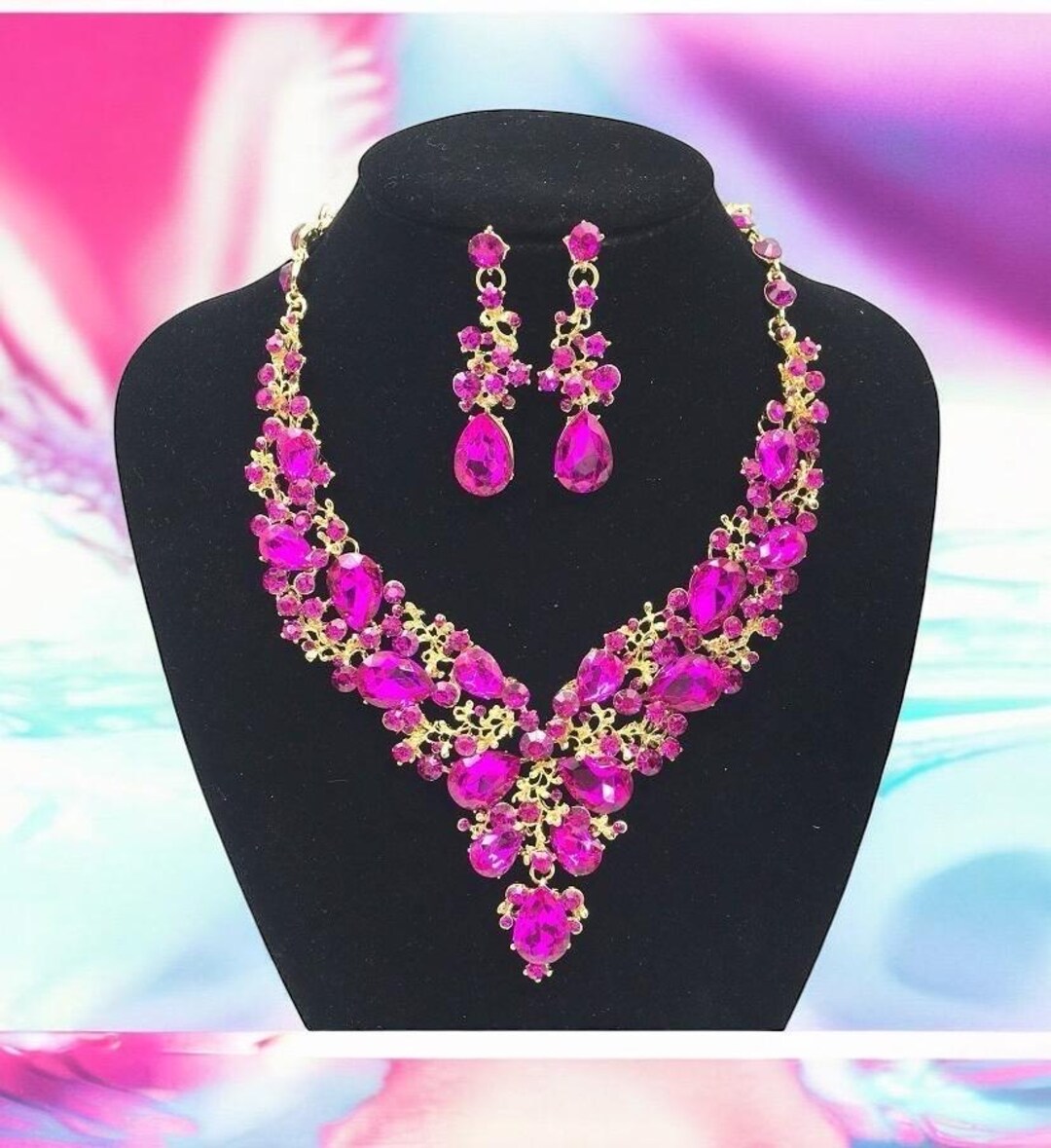 GOLD FUCHSIA Rhinestone Necklace Set - Etsy