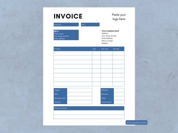 Printable Invoice Template Small Business Customer Invoice - Etsy