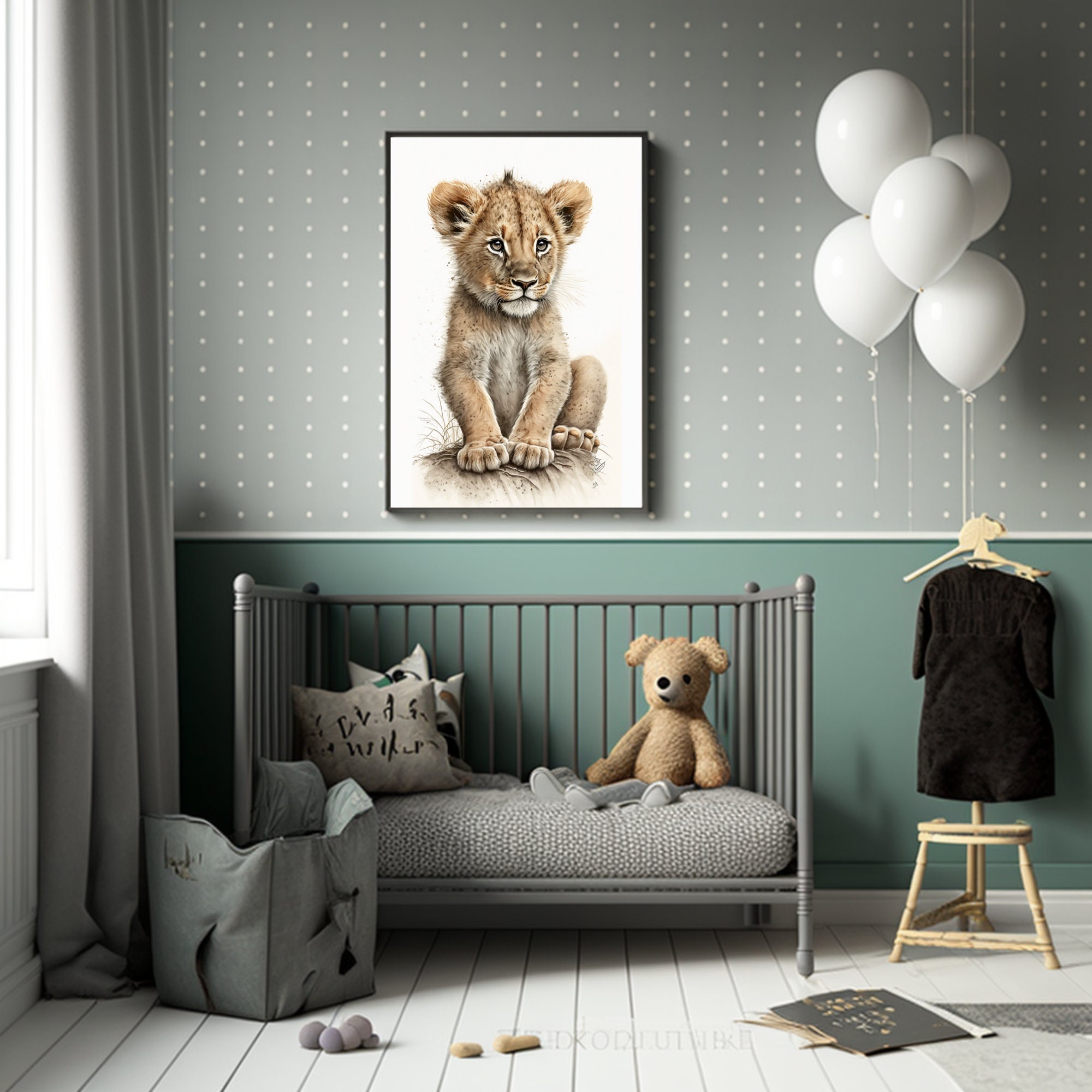 Baby Lion Wall Art Print | Cute Animal Drawing Nursery Decor ...