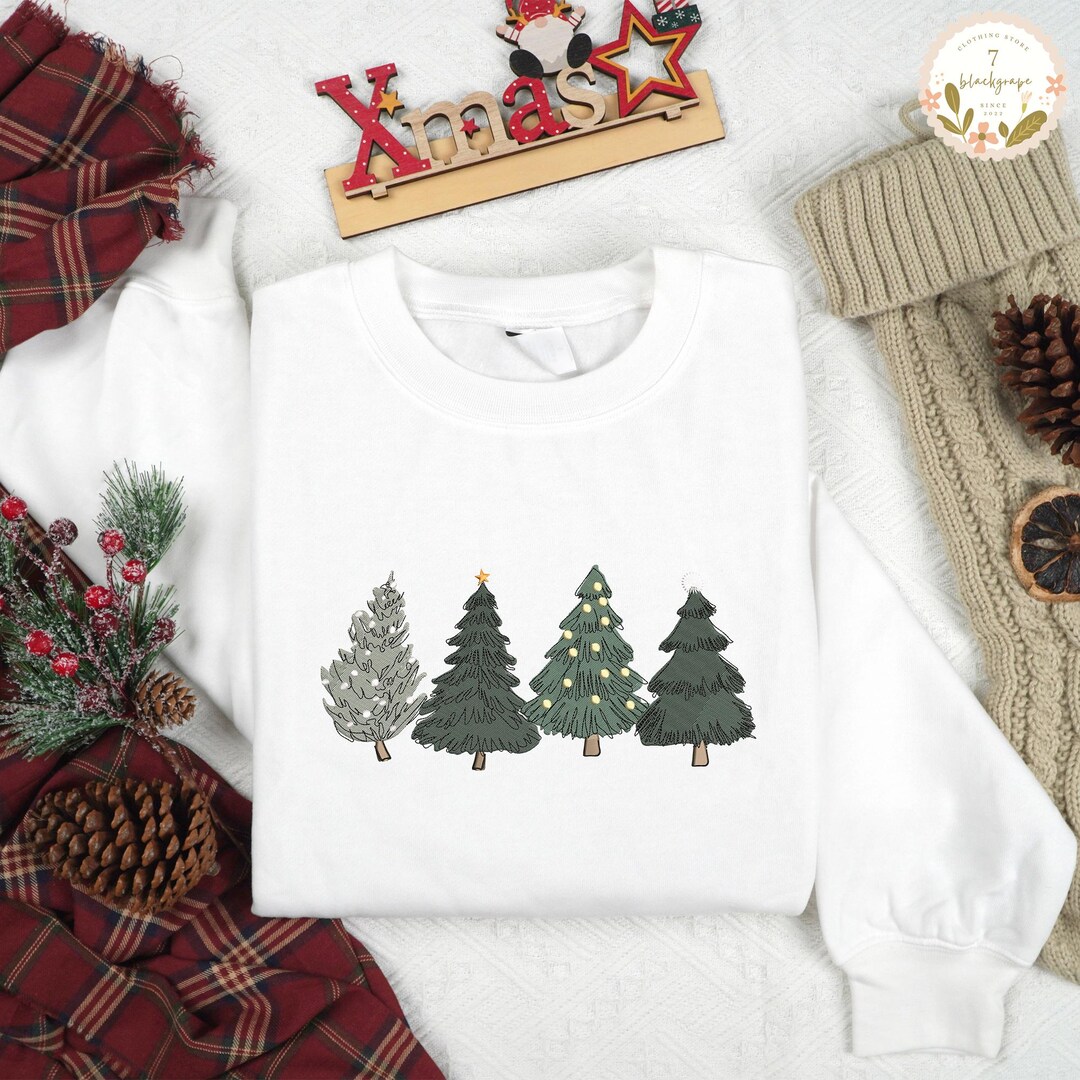 EMBROIDERED Green Tree Christmas Sweatshirt, Holiday Sweaters for Women ...