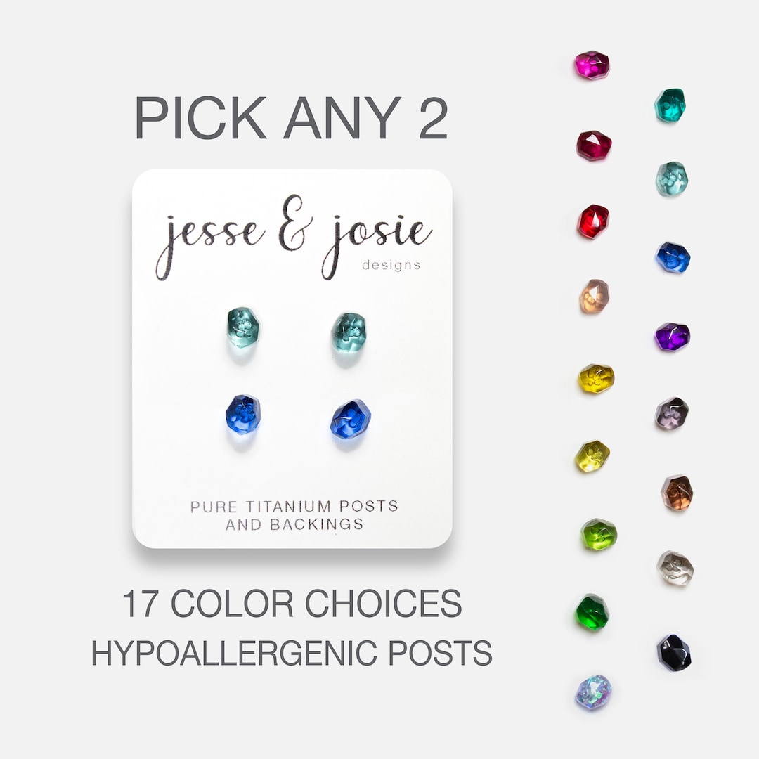 2 Pairs Titanium Stud Earrings Set W/ Resin Gemstones | Womens ...