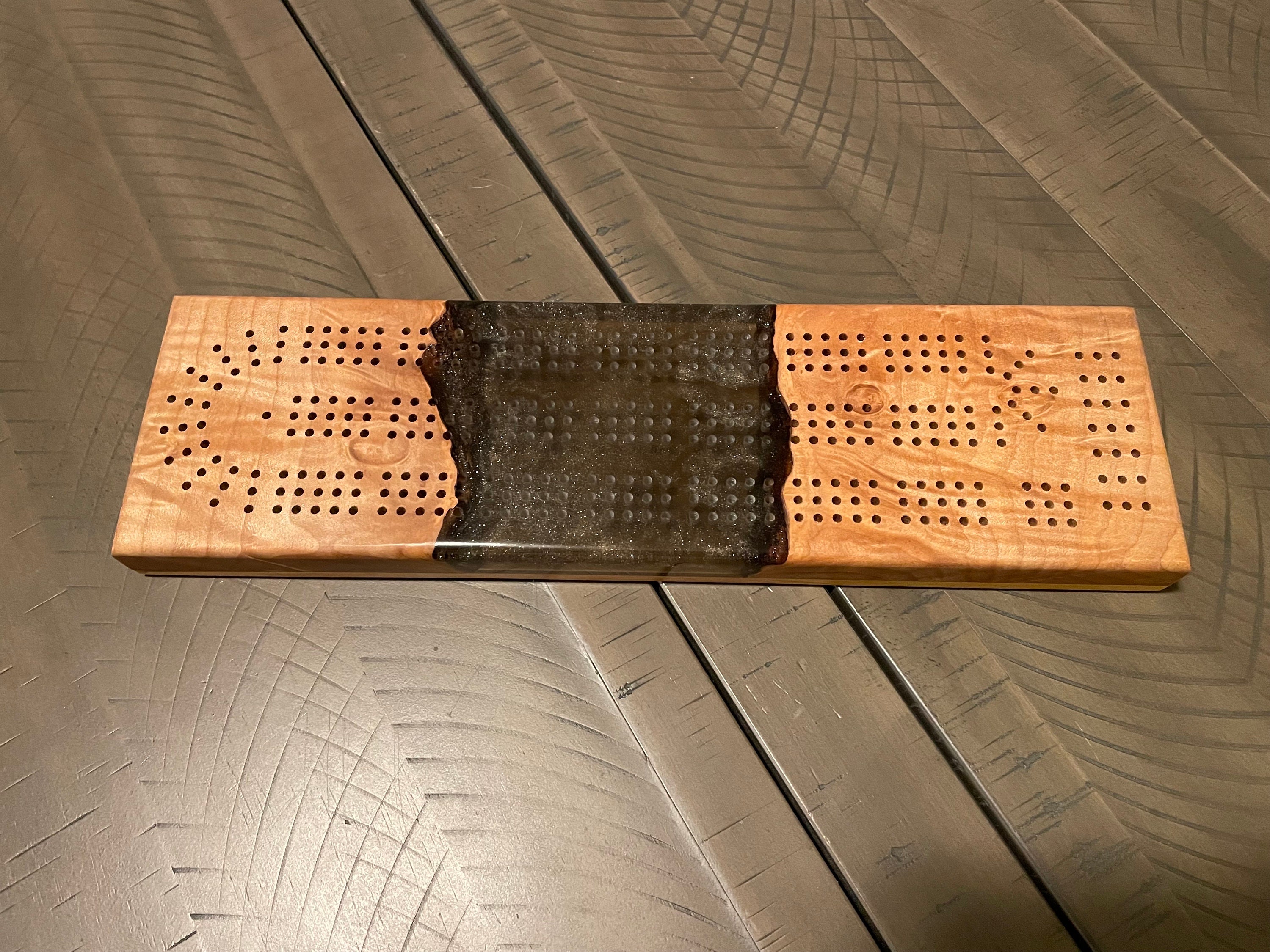 Handmade Hardwood & Epoxy 3 Lane River Cribbage Board With Peg Storage ...