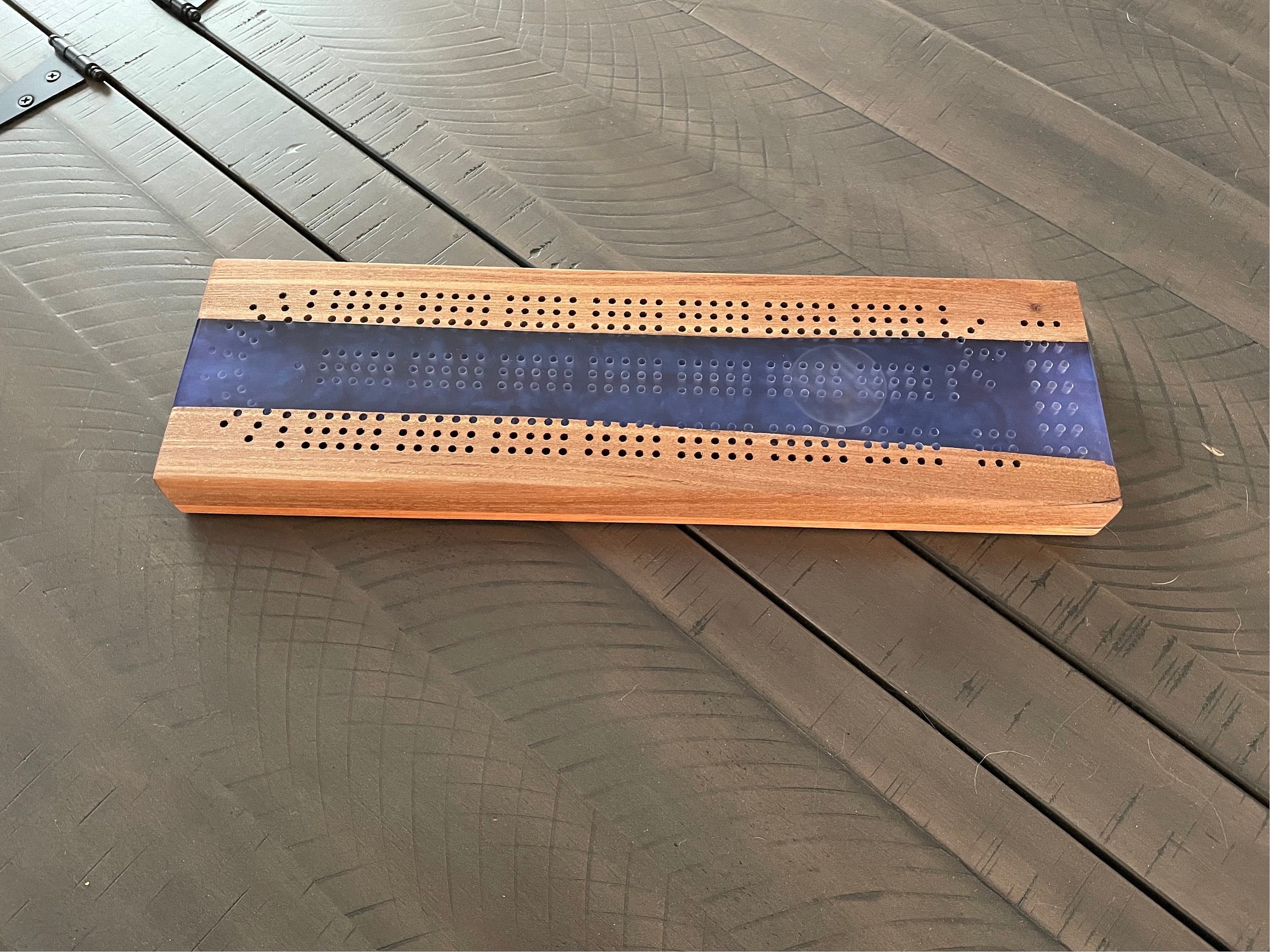 Handmade Hardwood & Epoxy 3 Lane River Cribbage Board With Peg Storage ...