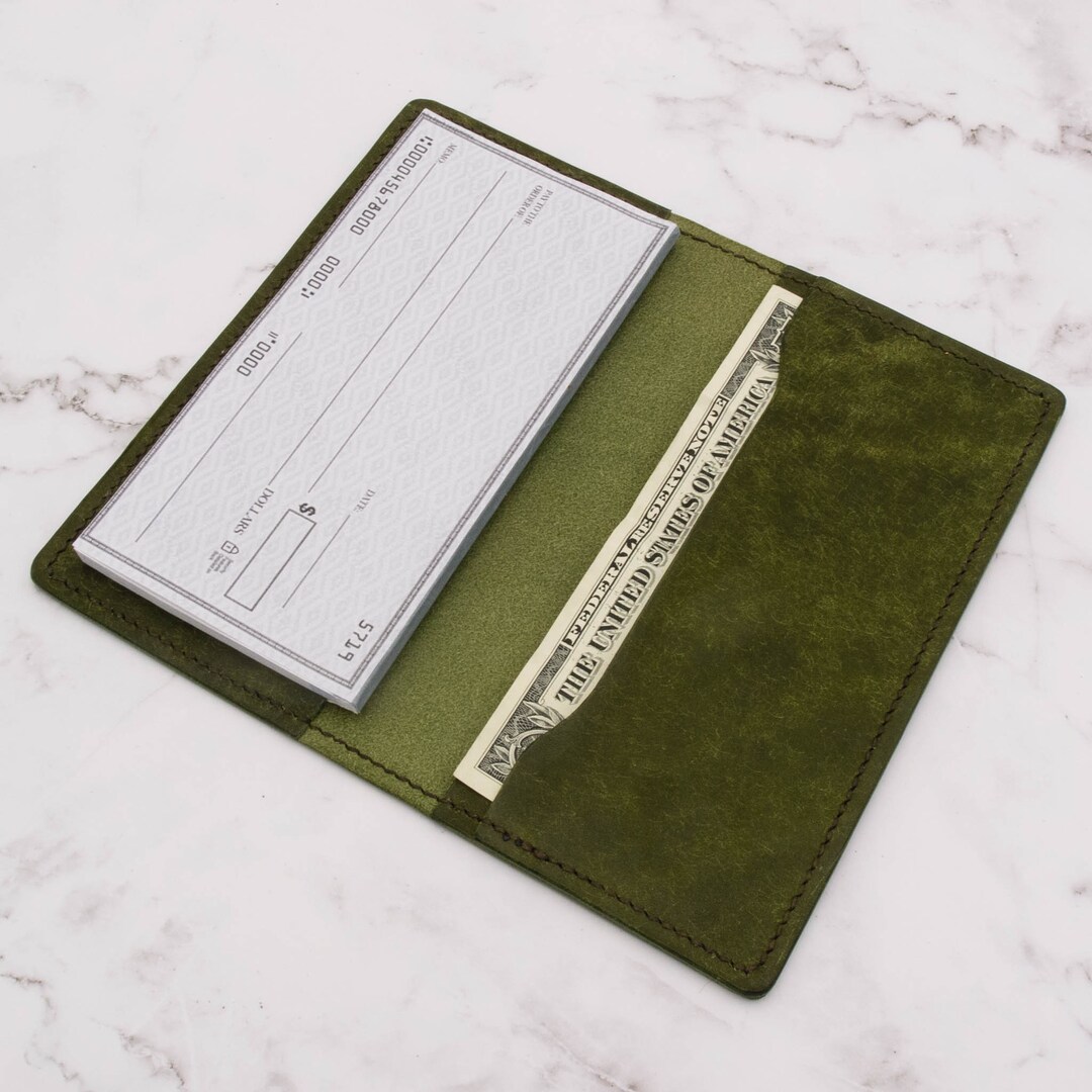 Leather Checkbook Cover Olive Green - Etsy