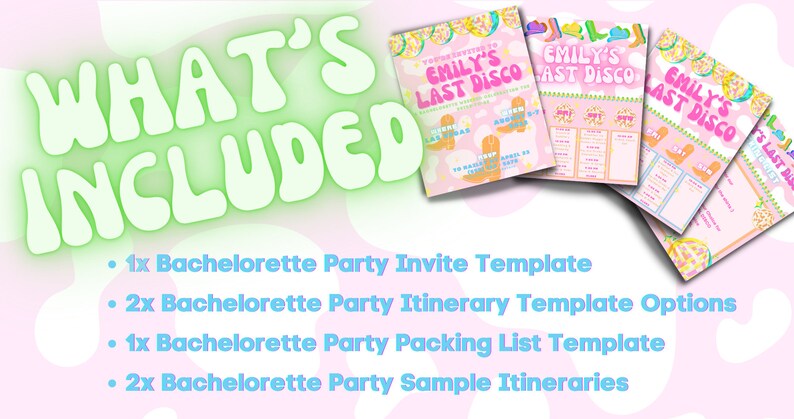 Disco Cowgirl Bachelorette Invite, Itinerary and Packing List Template ...