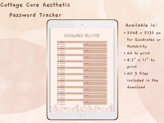 Cottagecore Aesthetic Password Tracker for Goodnotes - Etsy