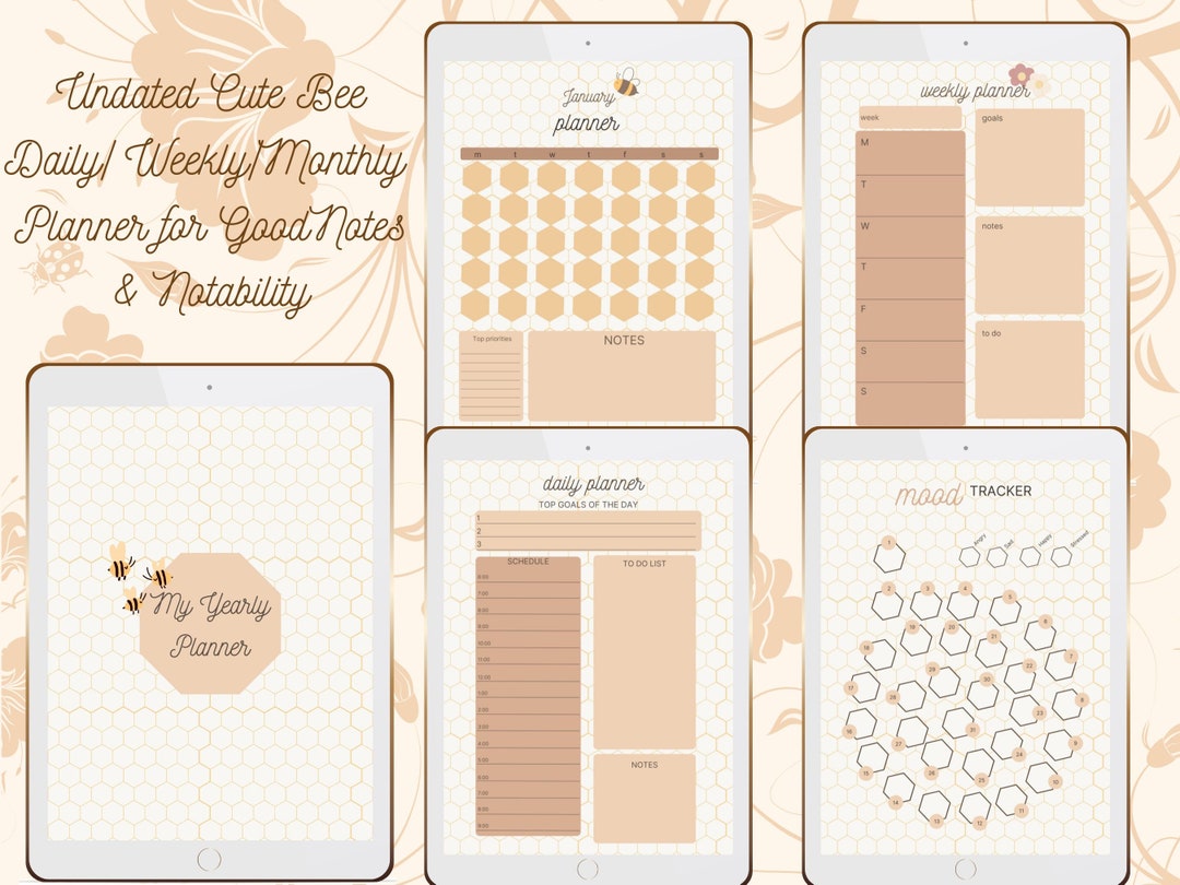 Undated Cute Bee Aesthetic Digital Daily/ Weekly/ Monthly Planner for ...